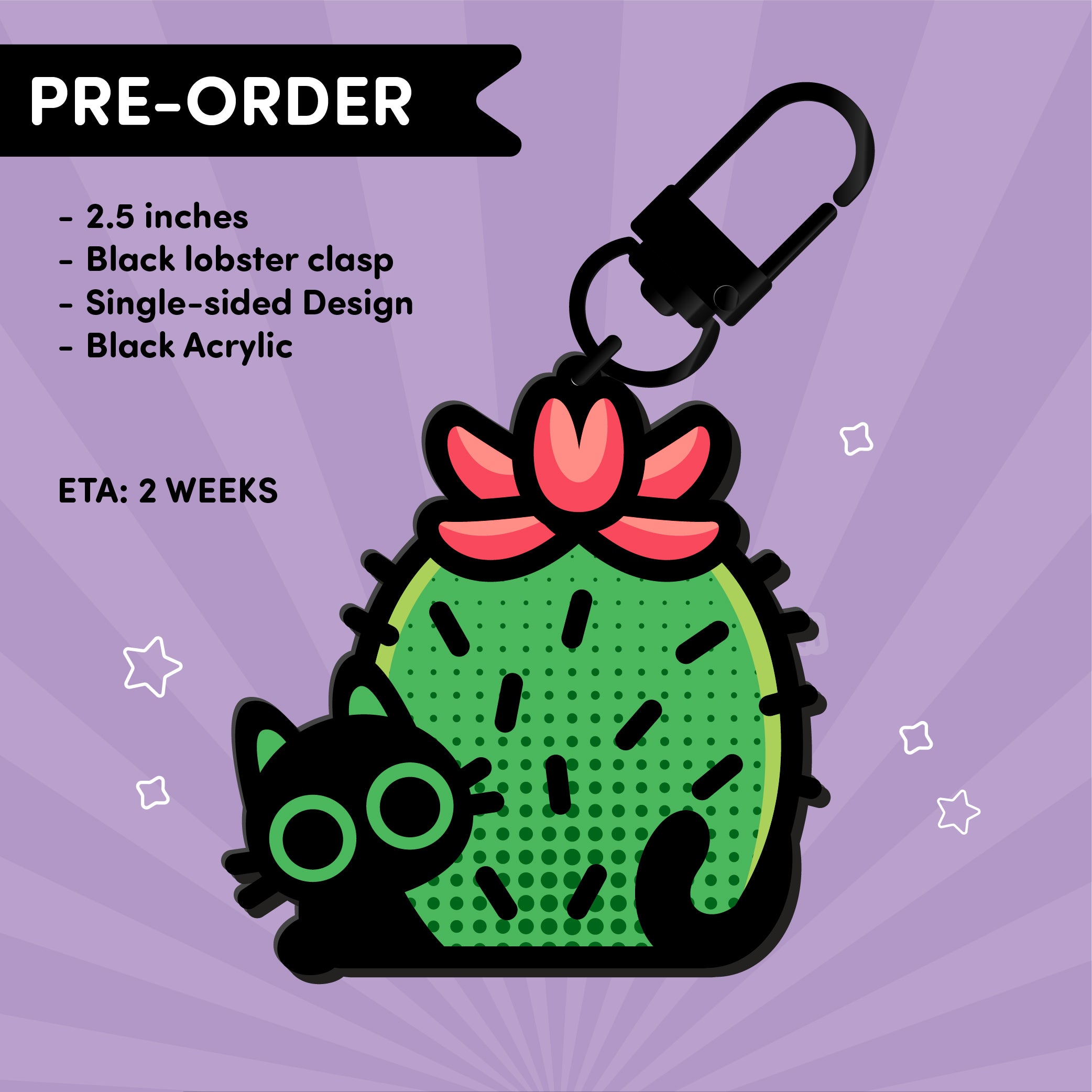 ***PRE-ORDER: Cactus Cat Black Acrylic Keychain – Zandra Illustration
