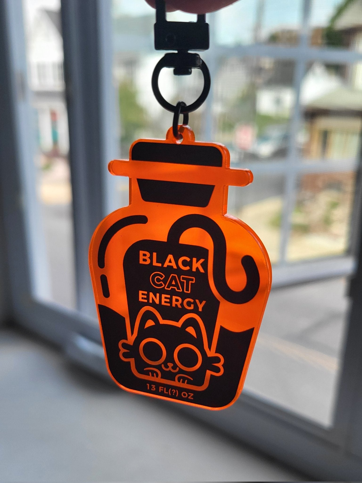 Black Cat Energy Fluorescent Orange Acrylic Keychain – Zandra Illustration